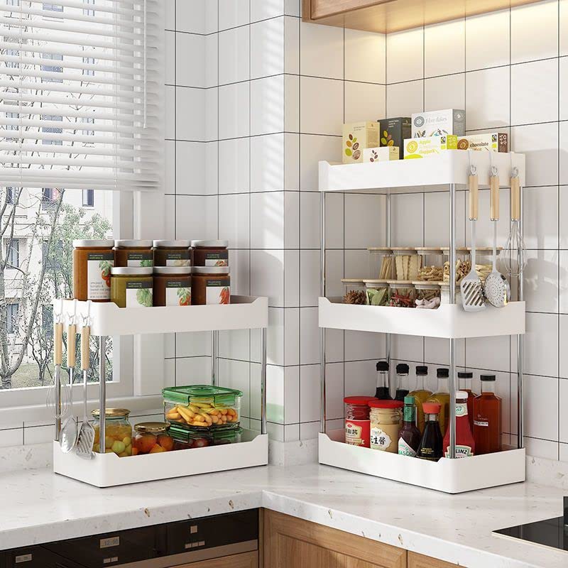 3 Tier Under Sink Organizers and Storage, Kitchen Bathroom Cabinet Organizer with Hooks,Cabinet Basket Storage Shelf,White