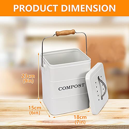 ayacatz Stainless Steel Compost Bin for Kitchen Countertop Compost Bin,1 Gallon, Kitchen Trash Can -Includes Charcoal Filter,Compost Bucket Kitchen Pail Compost with Lid -White