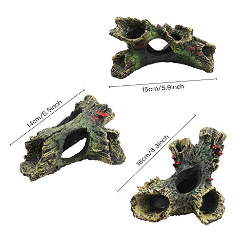 Lainrrew 3 Packs Aquarium Decorations Hollow Tree Trunk, Fish Tank Decorations Betta Fish Ornaments Resin Aquarium Log Caves Wood Hideout with Holes for Betta, Turtles, Reptiles
