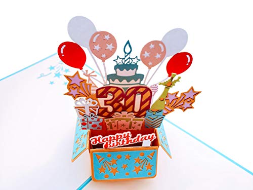 iGifts And Cards Happy 30th Blue Birthday Party Box 3D Pop Up Greeting Card - Thirty, Awesome, Cute, Congrats, Unique, Gift, Presents, Celebration, Feliz CumpleaƱos, Balloons