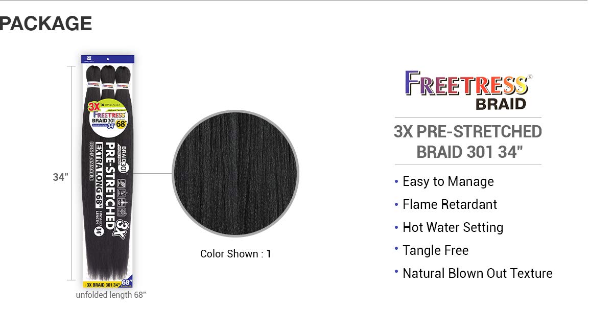 Freetress Synthetic Pre Stretched Braid - 3X BRAID 301 34" (1B Off Black)