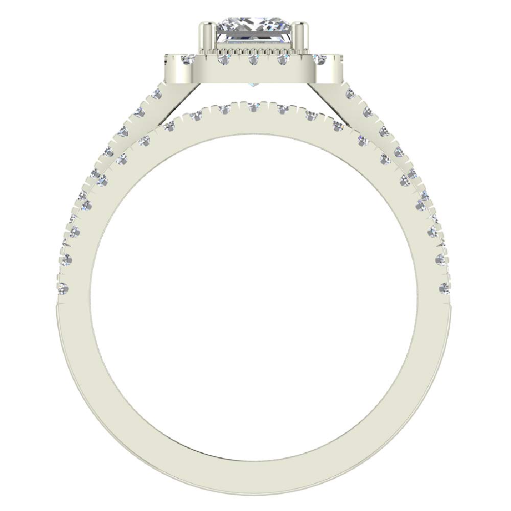 14K Solid White Gold Princess Cushion Halo Diamond Wedding Ring Set (RS 7) (G,I1)
