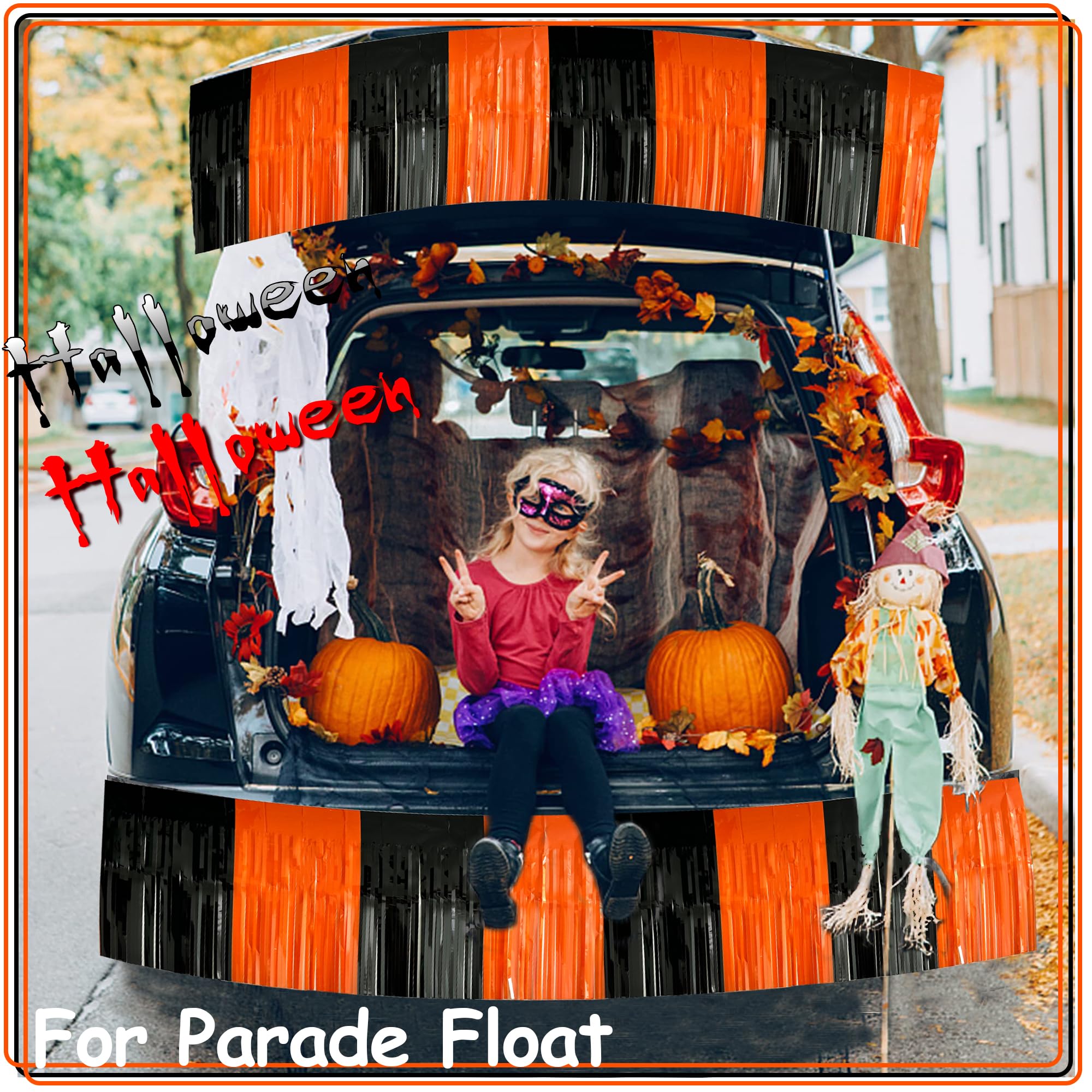 4 Pack 10 Feet Black Orange Halloween Parade Float Decorations for Trailer Car, Foil Fringe Tinsel Streamers Banner Garland for Halloween Graduation Homecoming Party Decoration (Black Orange)