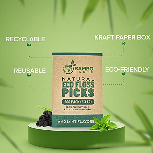 Natural Dental Floss Picks - Eco Friendly Cruelty Free & Vegan Tooth Flossers Pick Set with Biodegradable and Compostable BPA Free Handle & Zero Waste Packaging - 200 Pack (Bamboo Charcoal Flavored)