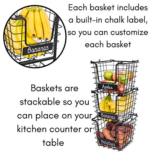 BIRDROCK HOME 3-Tier Wire Market Basket Stand with Chalk Label - Snack Fruit Vegetable Produce Metal Hanging Storage Bin for Kitchen Pantry - Free-Standing or Stacking Organizer - Black