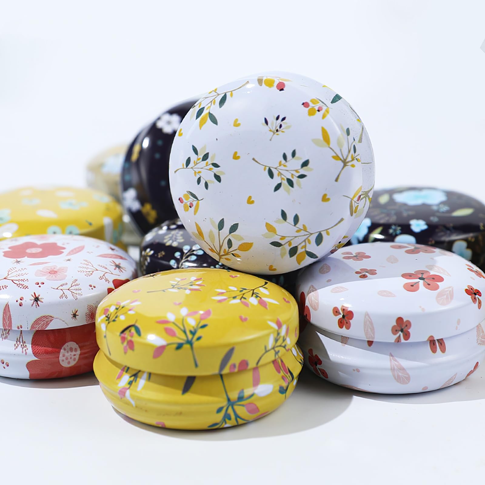 Rarapop 12 Pack Reusable Mini Round Tinplate Candle Tin Jars with Lids, 20ml Small Flower Travel Tin Cans Refillable Empty Container Bottle for Lip Balm, Salve, Eye Shadow, Powder