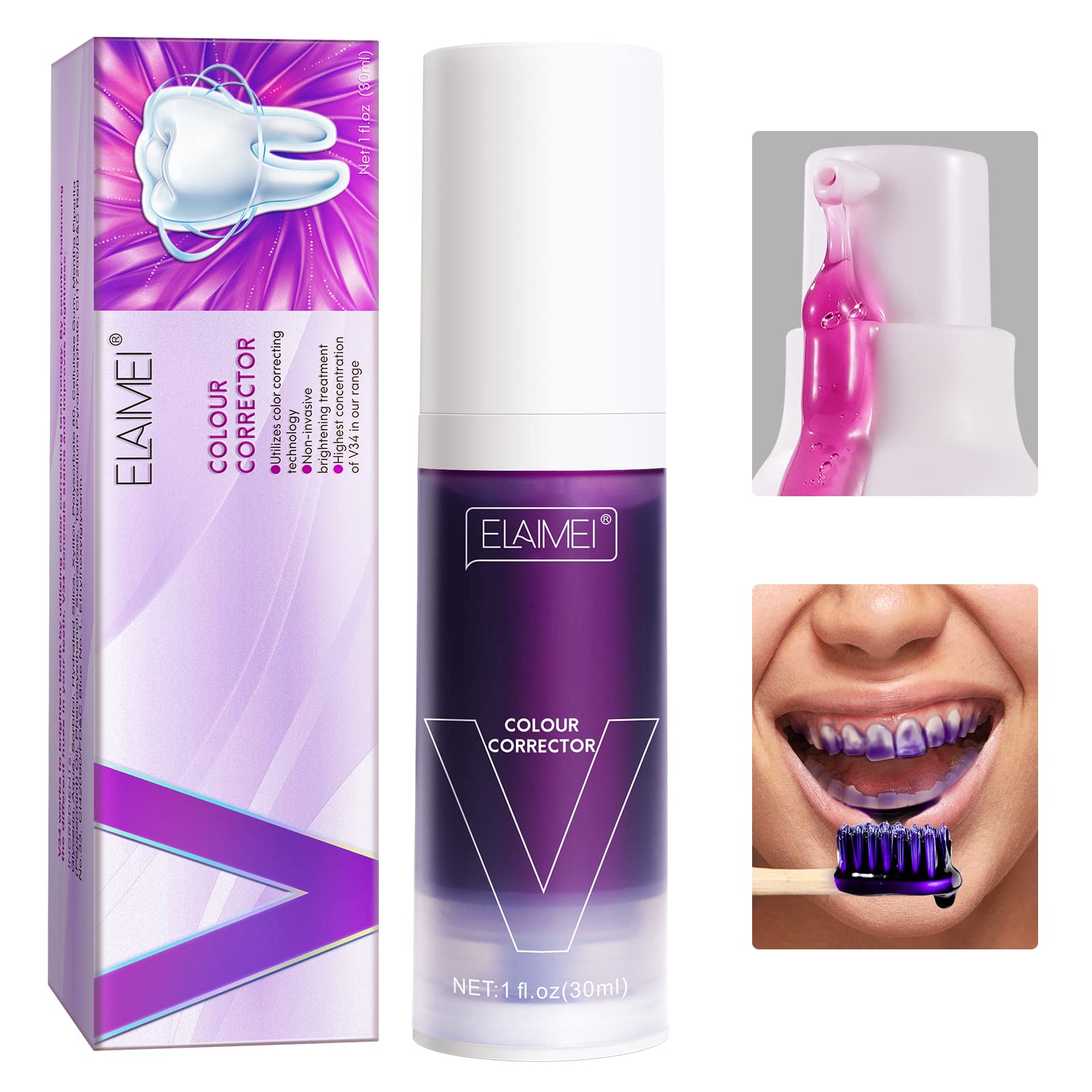 1Pcs Colour Corrector Purple Teeth Whitening Sensitive Teeth Toothpaste,Tooth Stain Removal, Teeth Whitening Booster,Not Causing Sensitivity 30ml
