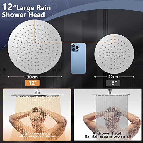 12" Rainfall Shower Head with Handheld Combo, High Pressure Shower Heads with Upgraded 12" Adjustable Curved Shower Extension Arm, 6 Settings Handheld Shower Head Built-in Power Wash Anti-leak(Chrome)