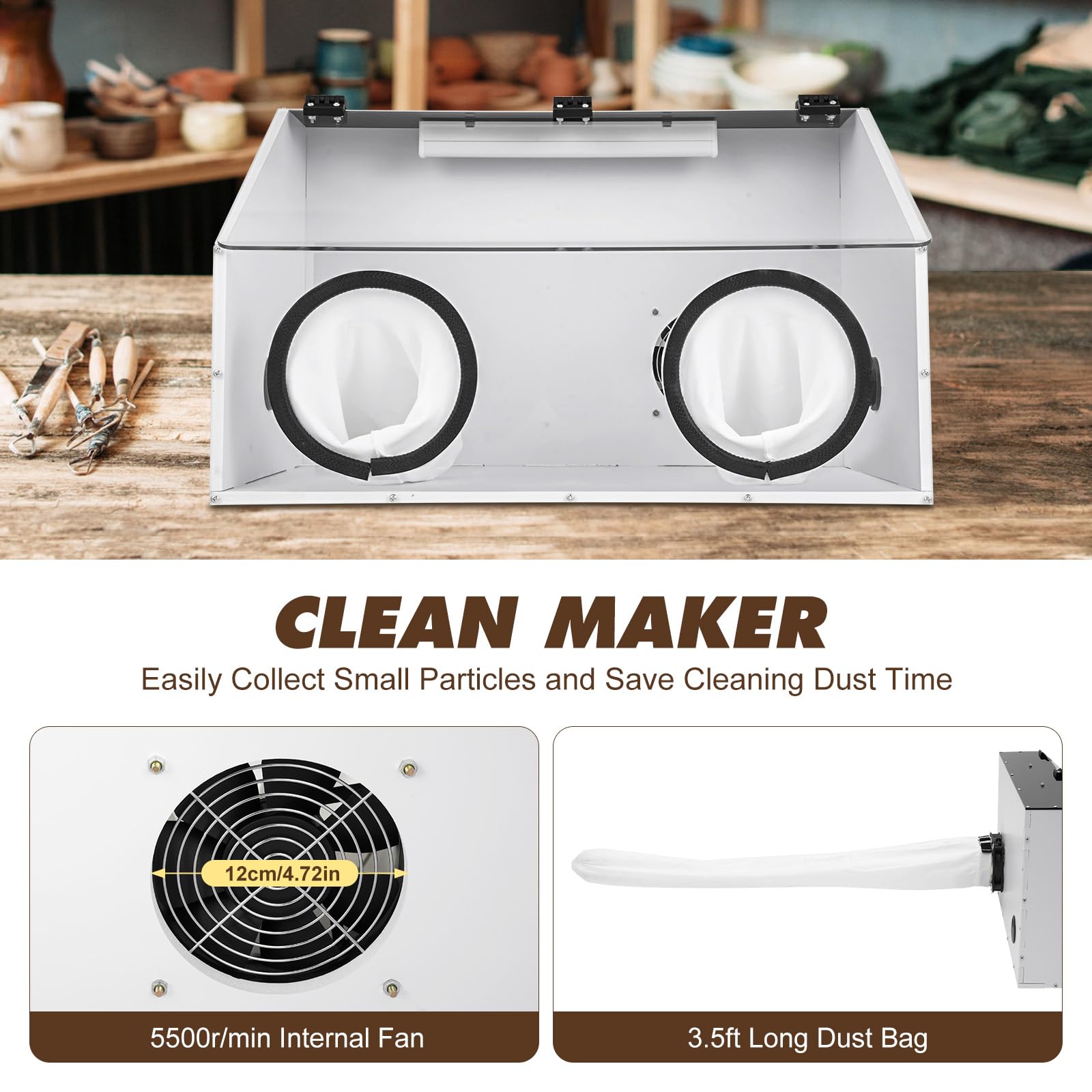2-Hole Table Polisher Dust Box, Fully Enclosed Electric Grinding Table Polisher Dust Box with LED light, Portable Enclosed Grinding Dust Box with Fan Toolbox for Carving, Cutting, Drilling, Polishing