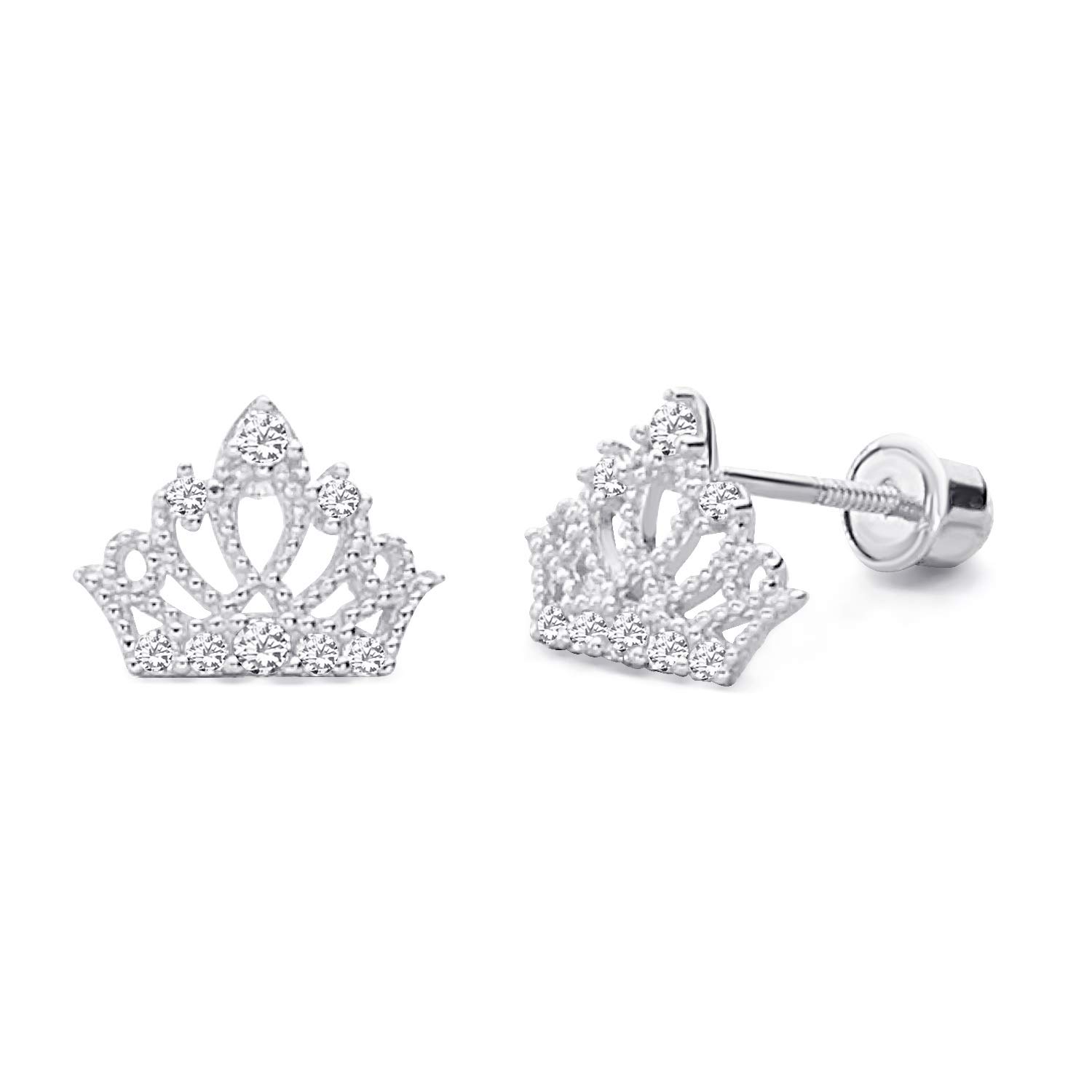 14k White Gold Crown Stud Earrings with Screw Back