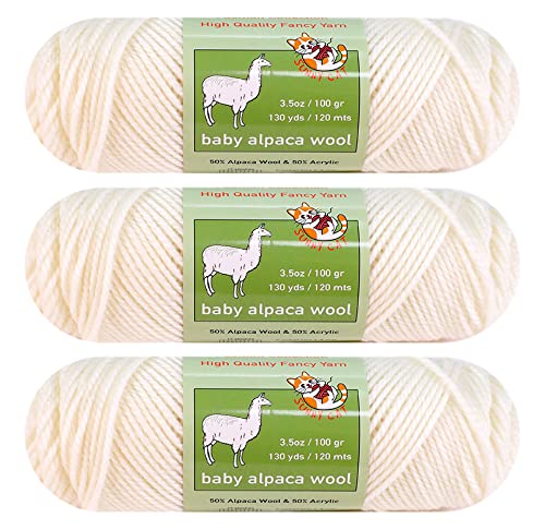 3-Pack Baby Alpaca Wool Blend Yarn Worsted Weight Fashion Collection Art Crafts Crochet and Knitting Sunny Cat Premium Brand ( White)