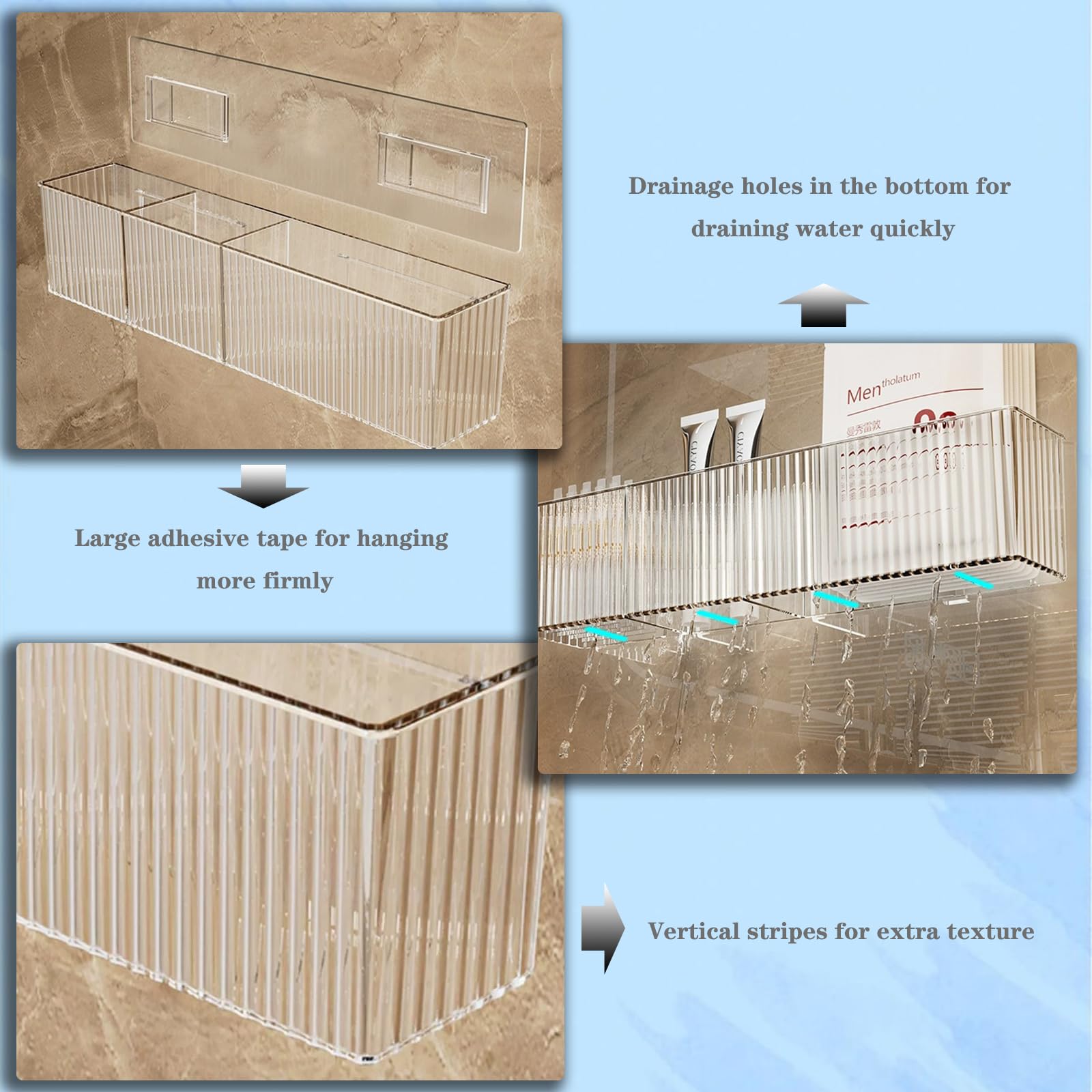 2 Pack Bathroom Makeup Organizer Wall Mount Clear Bathroom Organizers and Storage with 3 Compartments Plastic Storage Organizer Bins Floating Shelves for Wall, Narrow Space, Office, Bedroom 14''Length