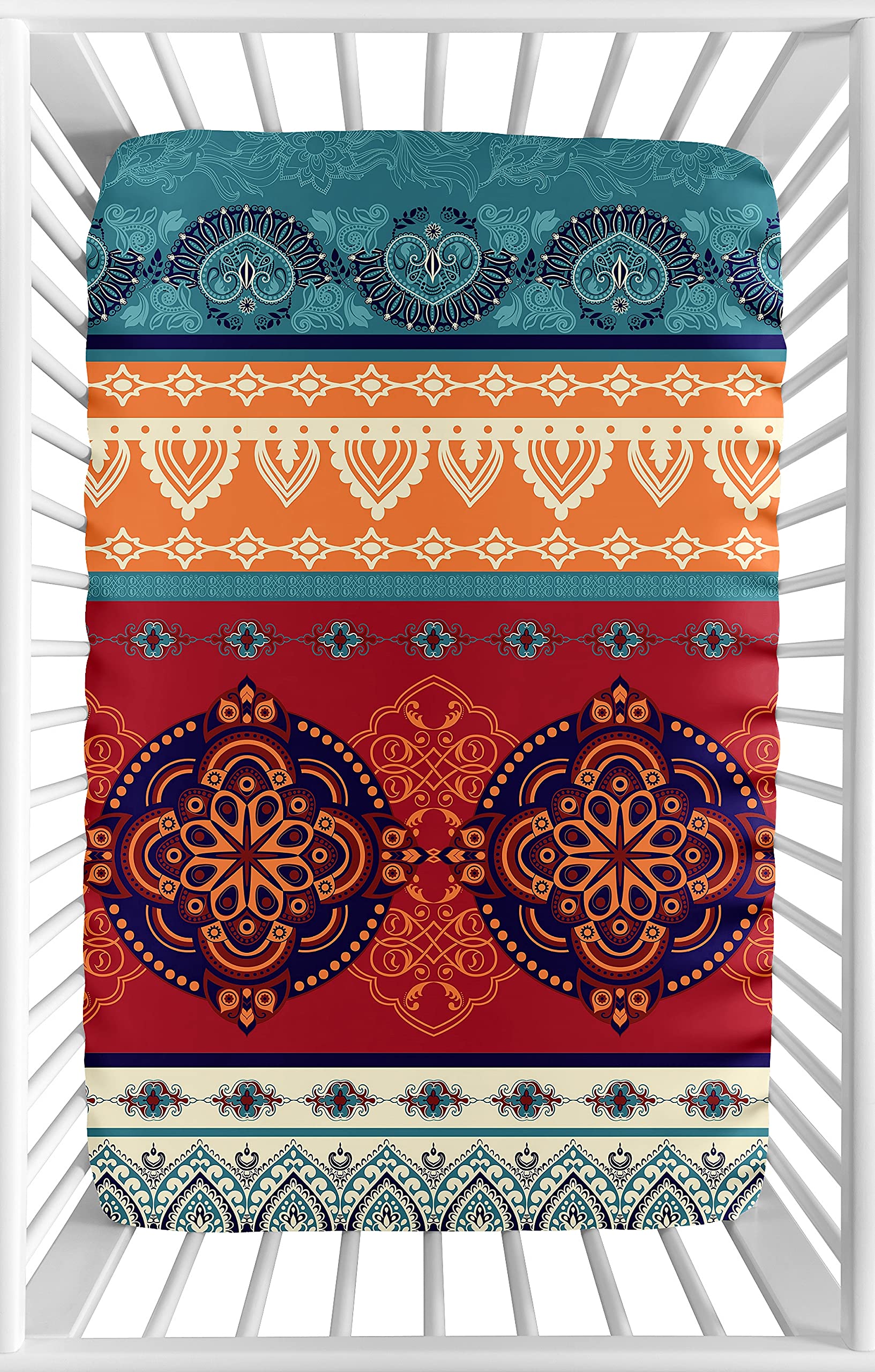 Sweet Jojo Designs Red Boho Chic Girl Fitted Mini Crib Sheet Baby Nursery for Portable Crib or Pack and Play - Orange Teal Turquoise and Blue Bohemian Colorful Mandala Vintage Patterned Retro Hippie