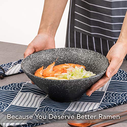 Alex Kato Ceramic Japanese Ramen Bowls Set of 2 - 60 ounce Large Noodle Soup Bowl, with Chopsticks and Spoon for Asian Pho Udon Soba (Black)