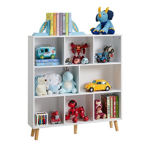 3-Tier Bookshelf, 8-Section Wooden Bookcase, Storage Organizer with Pine Legs, Modern Storage Display Cabinet for Living Room, Classroom, Kid’s Room (White)