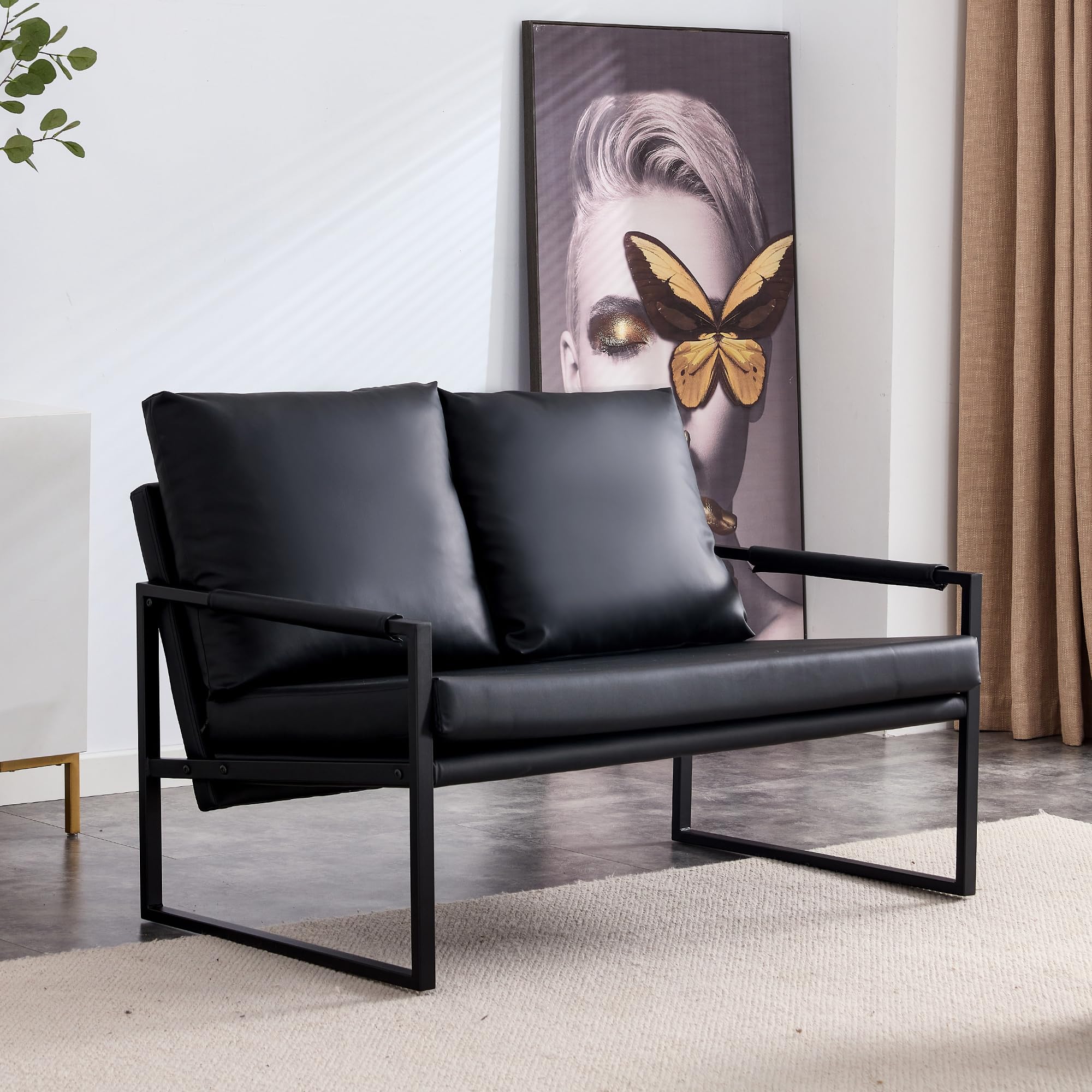 Rustic Faux Leather Loveseat Sofa Couch,Sleeper Sofa Bed for Small Living Spaces Bedroom Guest Room Apartment w/Metal Frame and Comfortable Cushions,Small Love Seats Couch,Easy Assembly (Black)