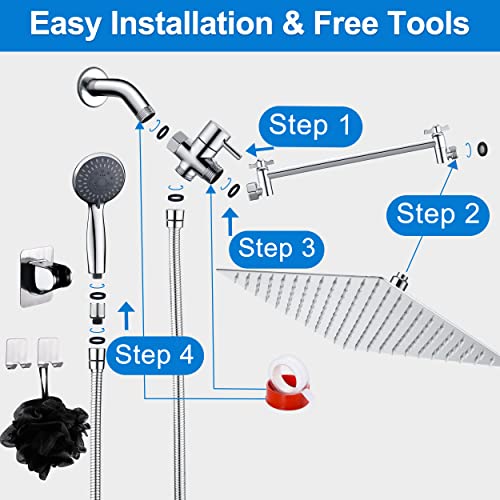 12"High Pressure Rainfall Shower Head with Handheld Spray Combo, Square Waterfall Shower Heads, 5Settings Chrome Showerhead Spray with Holder, 13"Adjustable Extension Arm, 59"Stainless Steel Hose