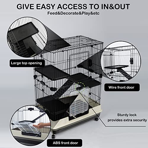 4-Tier 32" Small Animal Metal Cage Height Adjustable with Lockable Casters Grilles Pull-Out Tray for Rabbit Chinchilla Ferret Bunny Guinea Pig Squirrel Hedgehog,Black