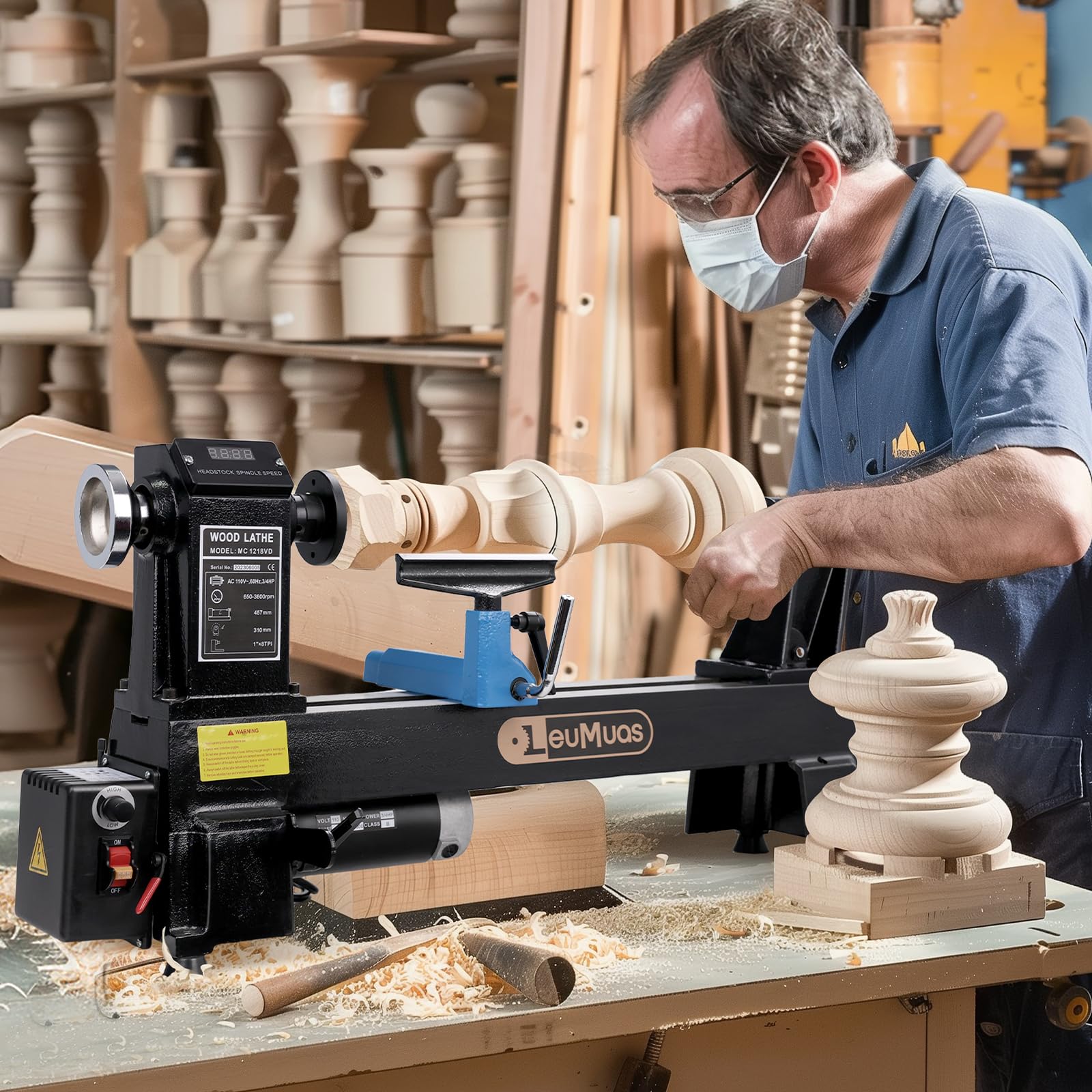 12"X18" Wood Lathe Machine Infinitely Variable Speed 3/4HP Benchtop Wood Lathe 650-3800 RPM With Digital Speed Indicator Solid Heavy Cast Iron Lathe Machine