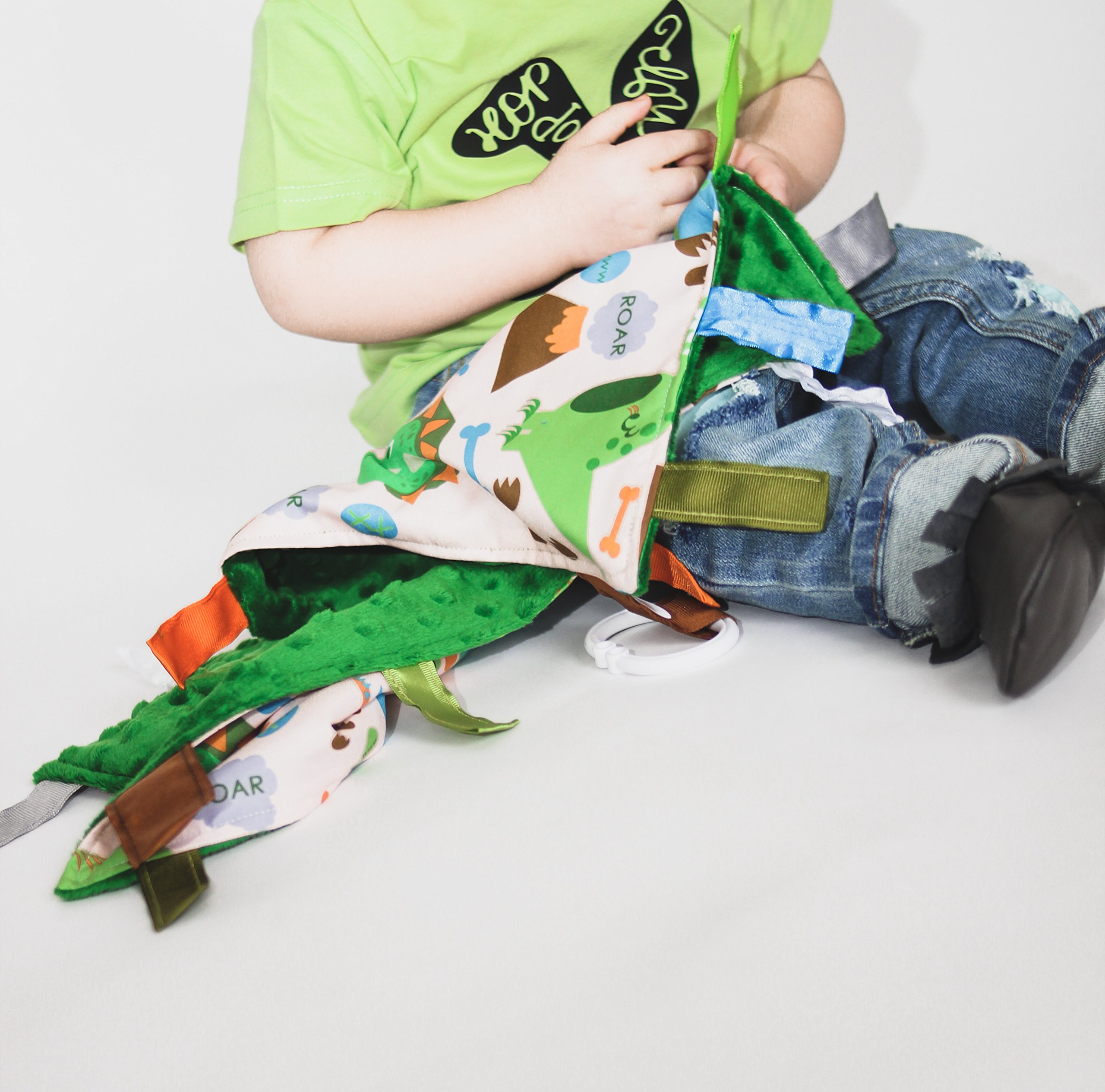 Baby Sensory, Security & Teething Closed Ribbon Tag Lovey Blanket with Minky Dot Fabric: 14X18 (Dinosaurs)