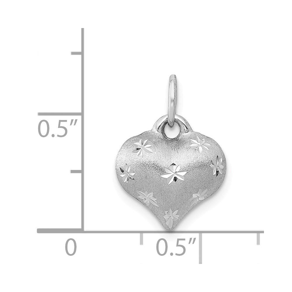 14K White Gold Satin and Diamond Cut Puffed Heart Charm Pendant