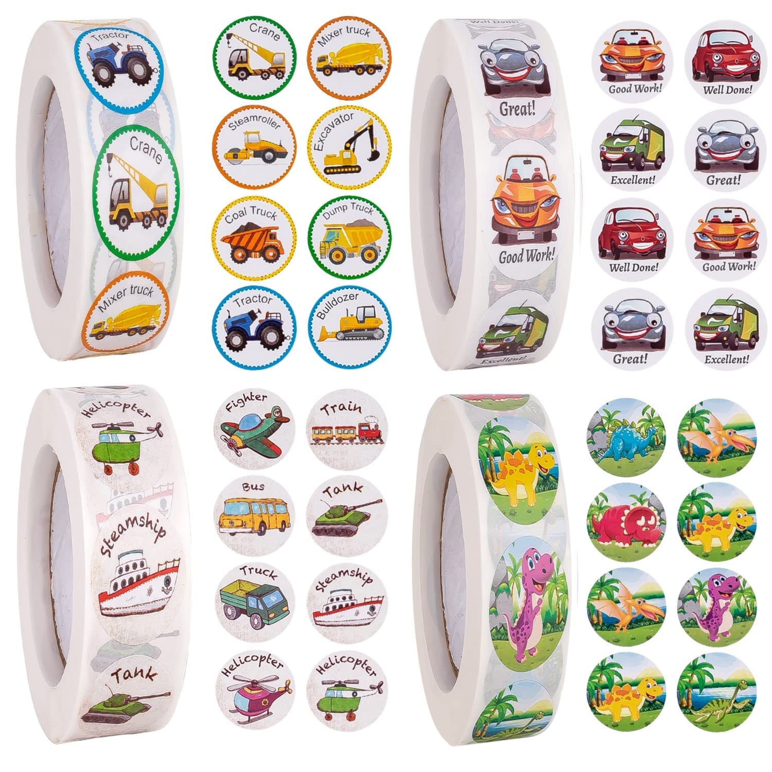 2000 Pcs MoCeYa Stickers for Kids School Stickers Potty Training Stickers 4Rolls 32Designs 1inch (2000 Construction Dino Stickers)