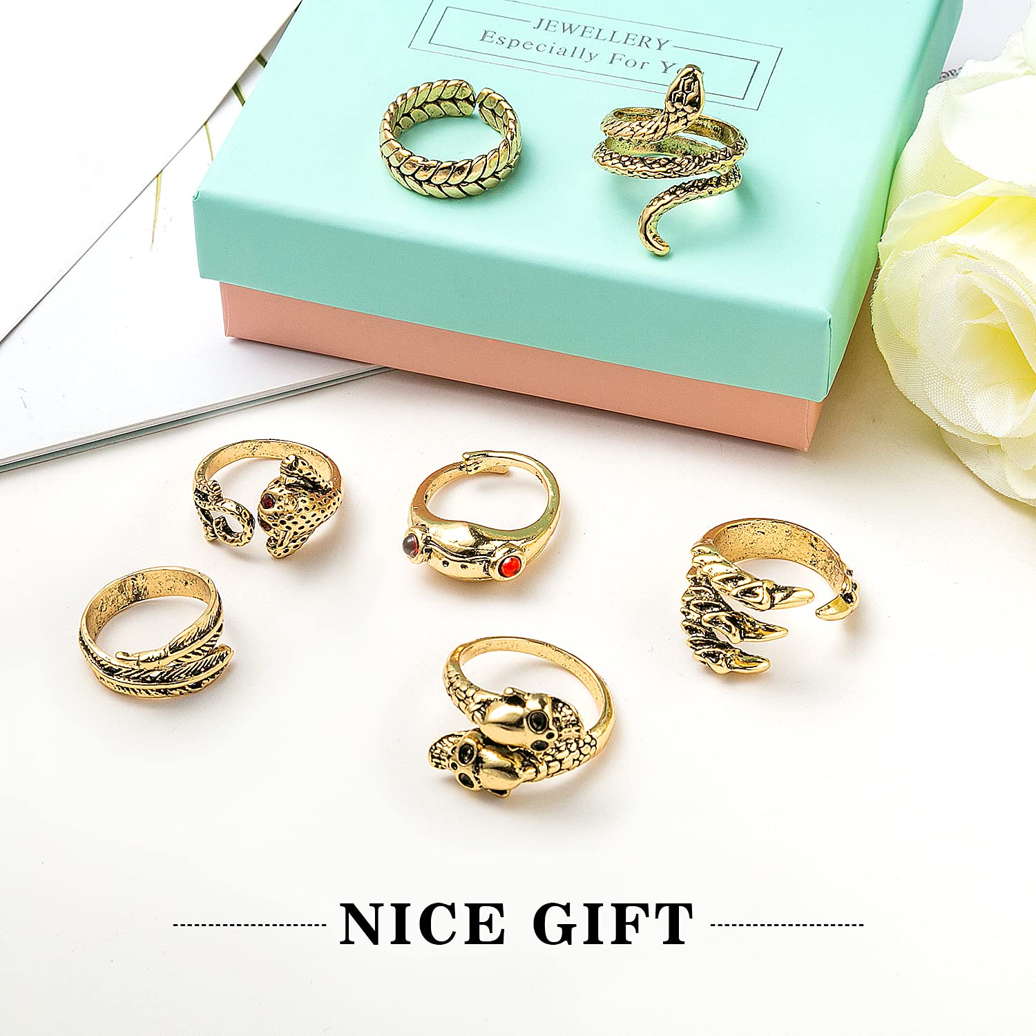 16 Pcs Vintage Frog/Dragon/eagle Open Rings for Women Knuckle Stacking Ring Set Snake Punk Ring Boho Animal Gothic Hug Finger Rings Adjustable (Gold)