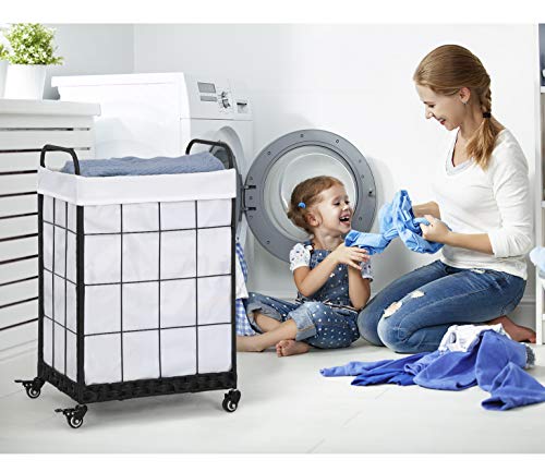 Laundry Hamper with Heavy Duty Rolling Lockable Wheels; Durable Laundry Basket with Detachable Liner Bag; Collapsible Clothes Hamper with Metal Handle (White)