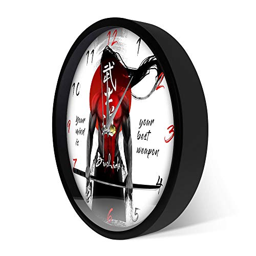The Geeky Days Samurai with Katana Sword Japanese Calligraphy Bushido Silent Quartz Wall Clock Martial Arts Man Cave Metal Frame Watch Home Decor Japan Mens Gift