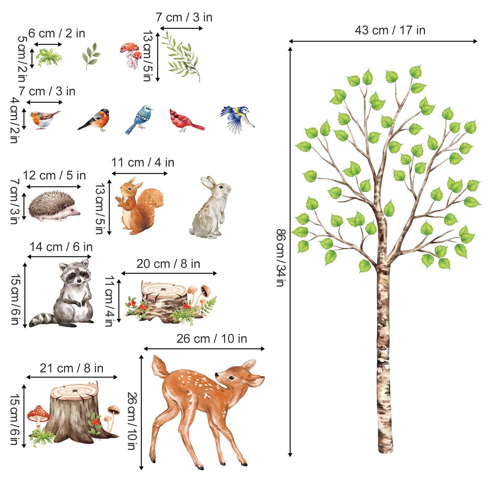 decalmile Woodland Animal Wall Decals Birch Tree Squirrel Deer Wall Stickers Baby Nursery Kids Bedroom Wall Decor(Tree Height: 34Inches)