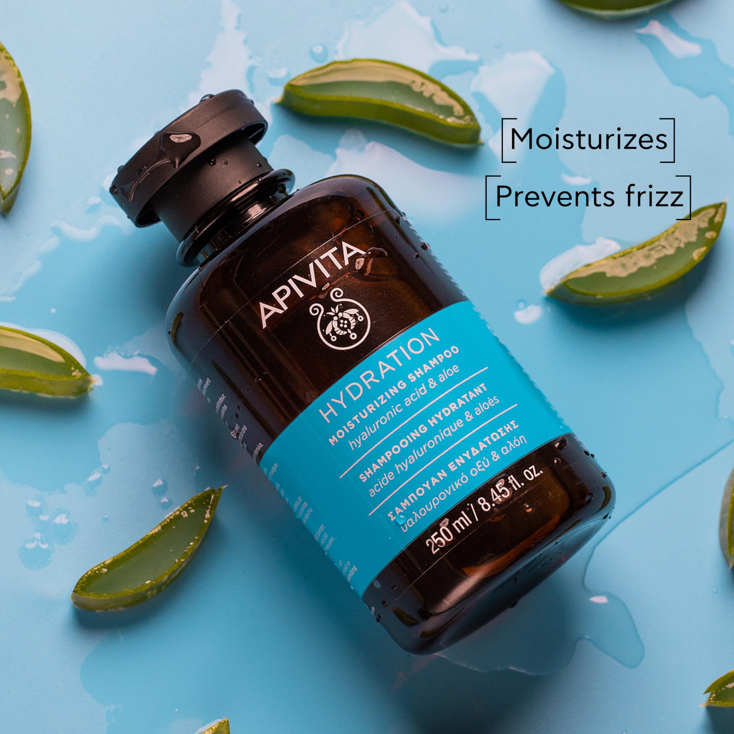 Apivita Hydration Shampoo - Natural moisturizing shampoo with hyaluronic acid, aloe and honey - Offers deep hair hydration, frizz control, hair breakage and split ends prevention