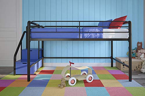 DHP Junior Twin Metal Loft Bed with Storage Steps, Space-Saving Solution, Multifunctional, Black with Blue Steps & Fire Department Design Curtain Set for Junior Loft Bed, Kids Furniture, Blue