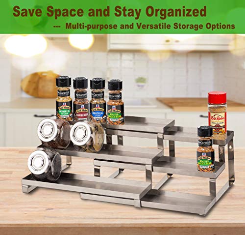 ALhom Spice Rack Organizer for Cabinet/Wall Mount/Countertop/Pantry - 3 Tier Expandable Spice Shelf - Stainless Steel