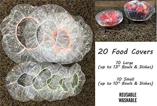 ALAZCO Pack of 20 Reusable Elastic Bowl Covers Clear Plastic 10 Large (up to 13") & 10 Small (up to 10") Bowl/Plate Dish Food Storage Picnic Leftovers
