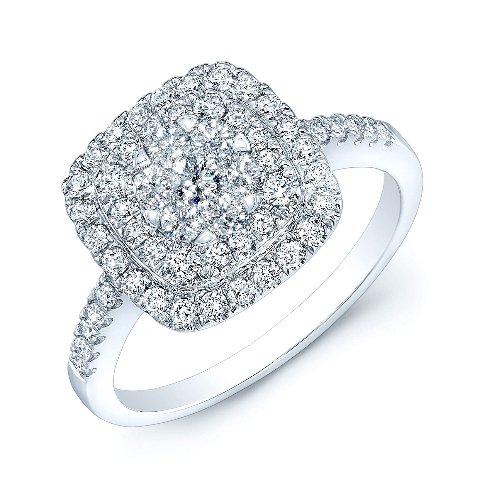 14K White Gold 0.95 Cttw Diamond Cushion-Shape Double Halo Cluster Entourage Wedding & Engagement Ring Set (H-I Color), Size 7
