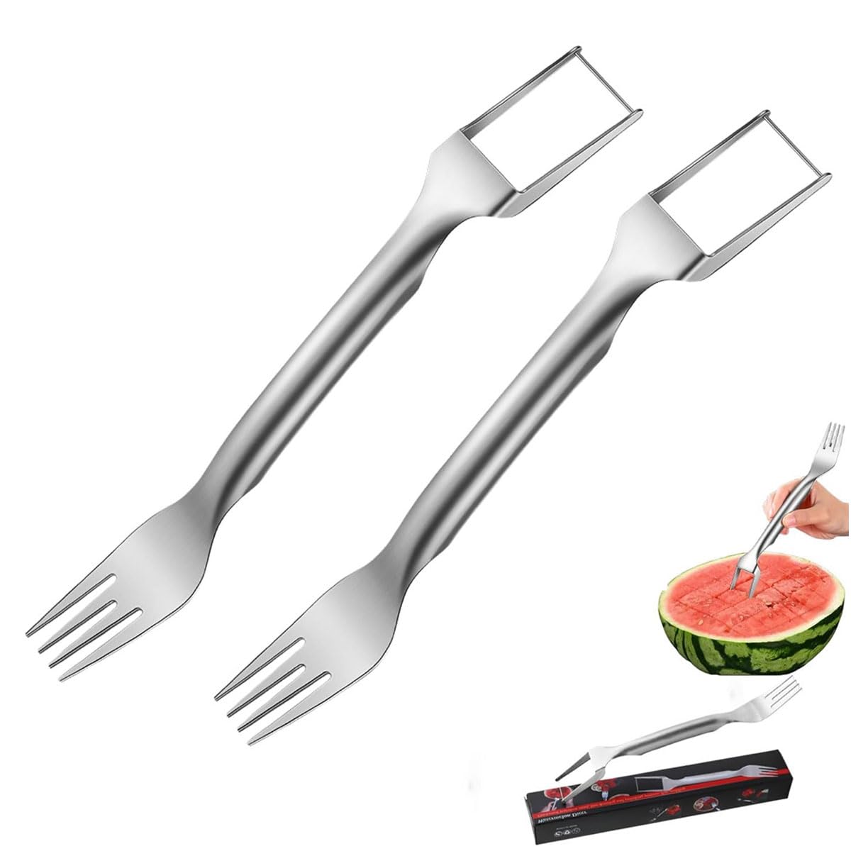 2-in-1 Stainless Steel Fruit Cutter, 2024 New Watermelon Fork Slicer Cutter Slicer Tool, 2PCS Dual Head Fruit Forks Slicer Knife for Home Kitchen Gadget(2PCS)