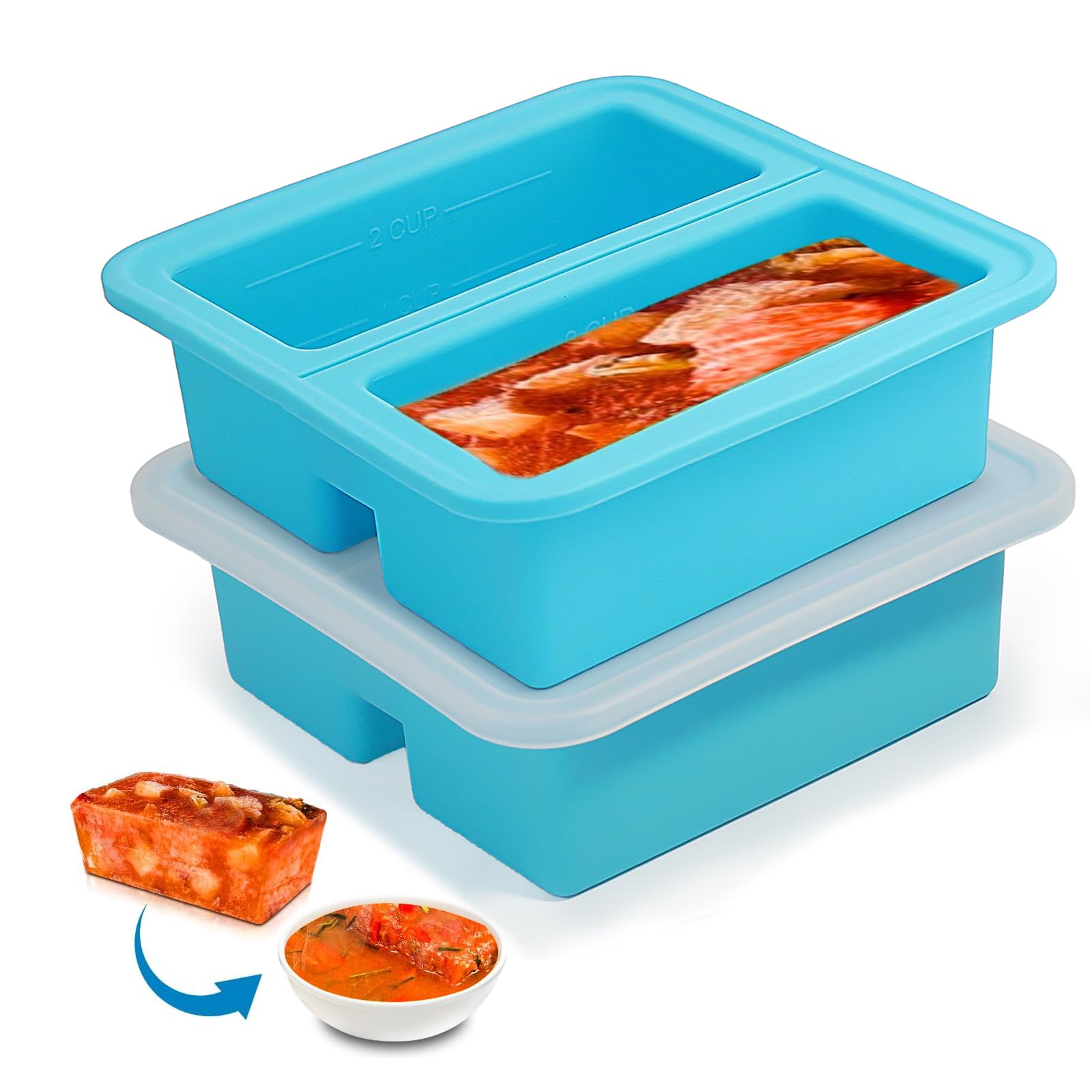 2pack Silicone Freezer Tray for Soup Cube Silicone Freezing Tray with Lid,Large Ice Cube Tray freezer Food Molds,Store Soup,Sauce,Leftovers - Makes Perfect cube storage Silicone Molds ice(2 CUP/2Pack)