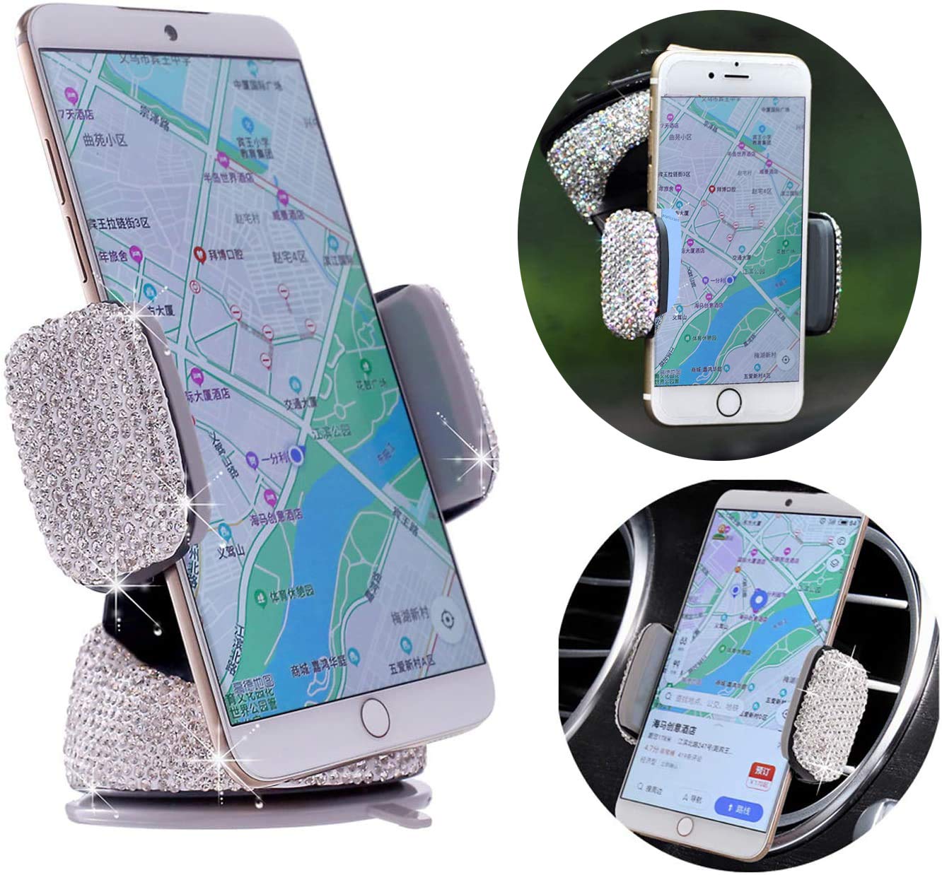 Bling Crystal Car Phone Mount with One More Air Vent Base, Universal Cell Phone Holder for Dashboard,Windshield and Air Vent. (Sliver)