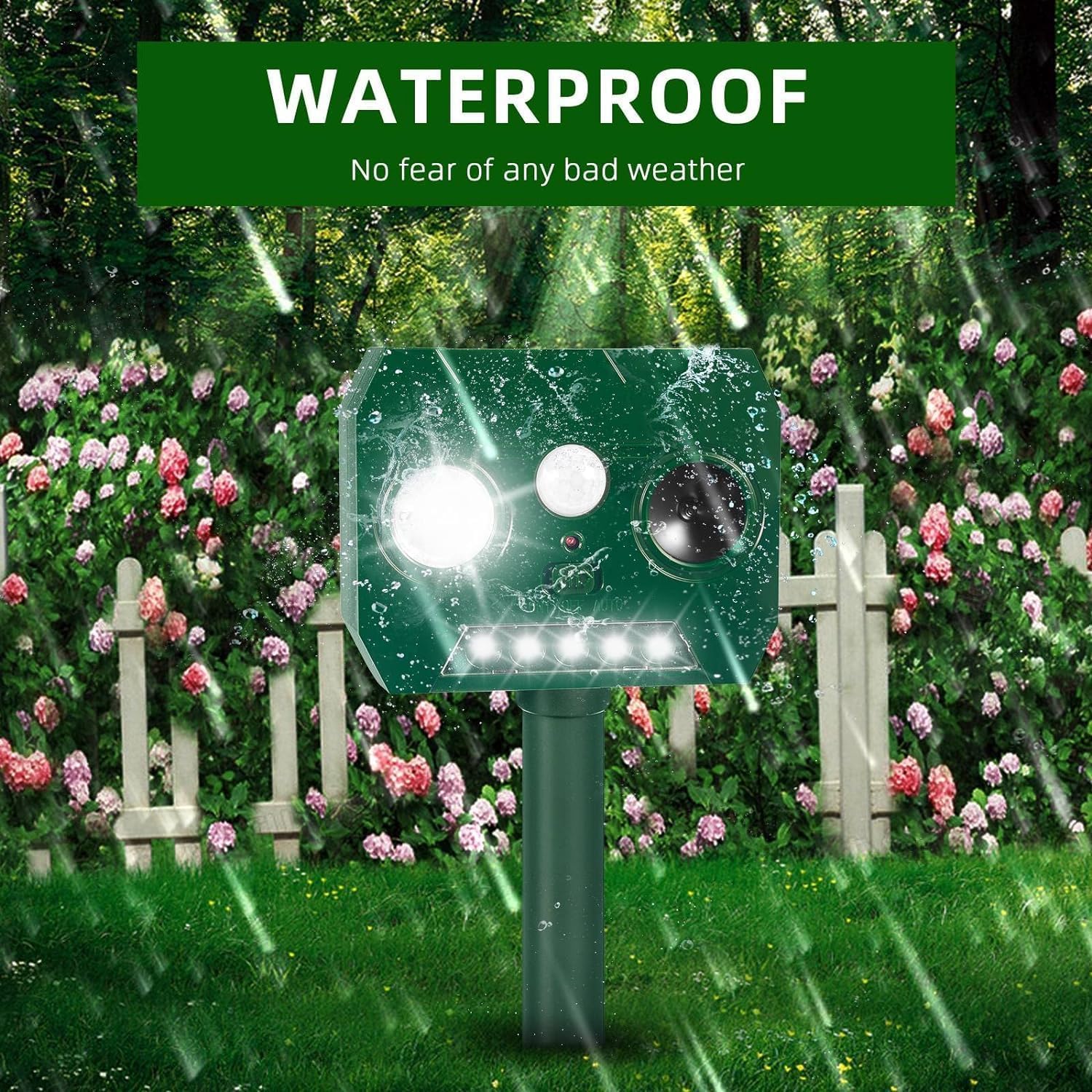 2 Pcs Solar Ultrasonic Animal Repellent 2024 Newest Cat Deterrent Outdoor with Motion Detector & Flash Light to Repel Squirrel, Cat, Deer, Skunk, Rabbit, Dog, Raccoon, Bird for Yard Lawns