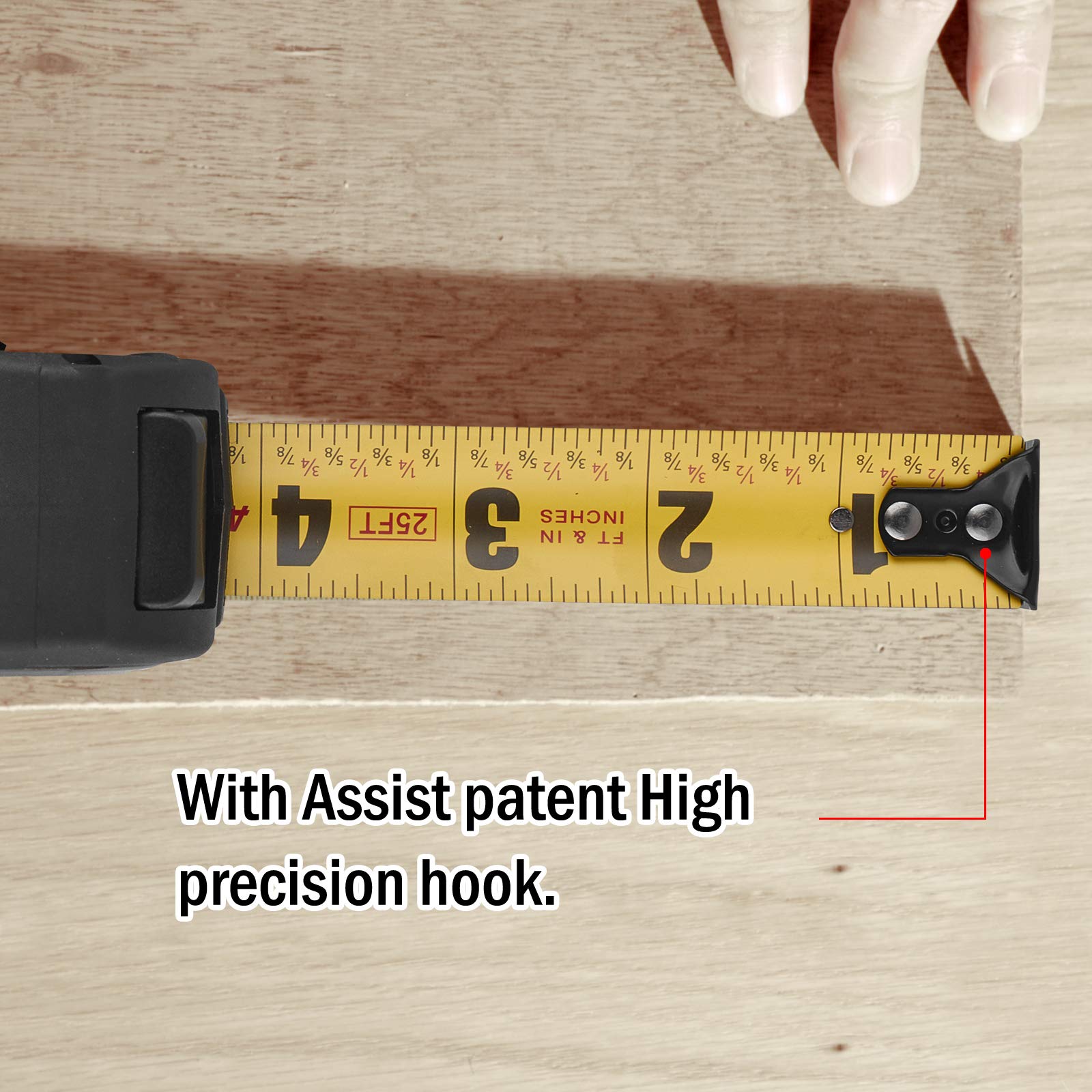 25FT Measuring Tape by ASSIST-Easy Read Double Side Printing with Metric and Inches,2.6m Level Standout Blade,Heavy Duty Shock Absorbent Rubber Case-for Construction,Surveyor