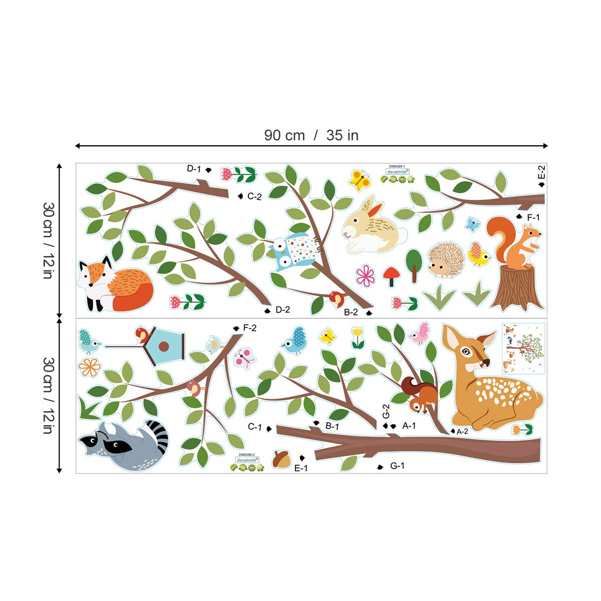 decalmile Forest Animals Tree Wall Decals Deer Squirrel Owl Wall Stickers Baby Nursery Kids Bedroom Playroom Wall Decor(Tree H: 31"))