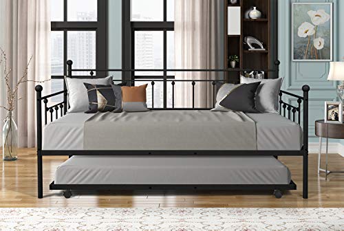 Daybed with Trundle Bed for Kids Teens Adults,Metal Twin Size Daybed with Pullout Trundle for Window Living Room, No Box Spring Needed (Black)