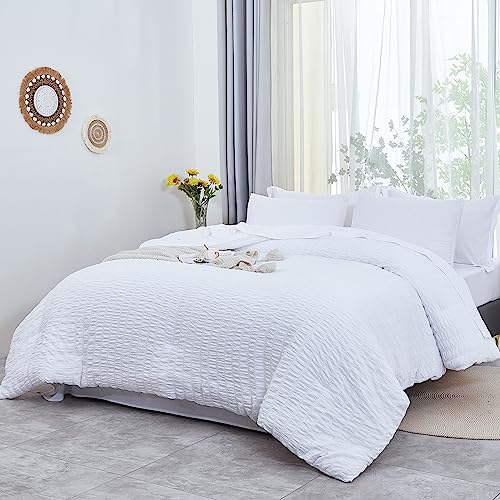 AveLom White Comforter Queen Size Set with Sheets - 7 Pieces Bed in a Bag Seersucker Complete Bedding Set, All Season Lightweight Bed Set with Comforter, Sheets, Pillowcases & Shams