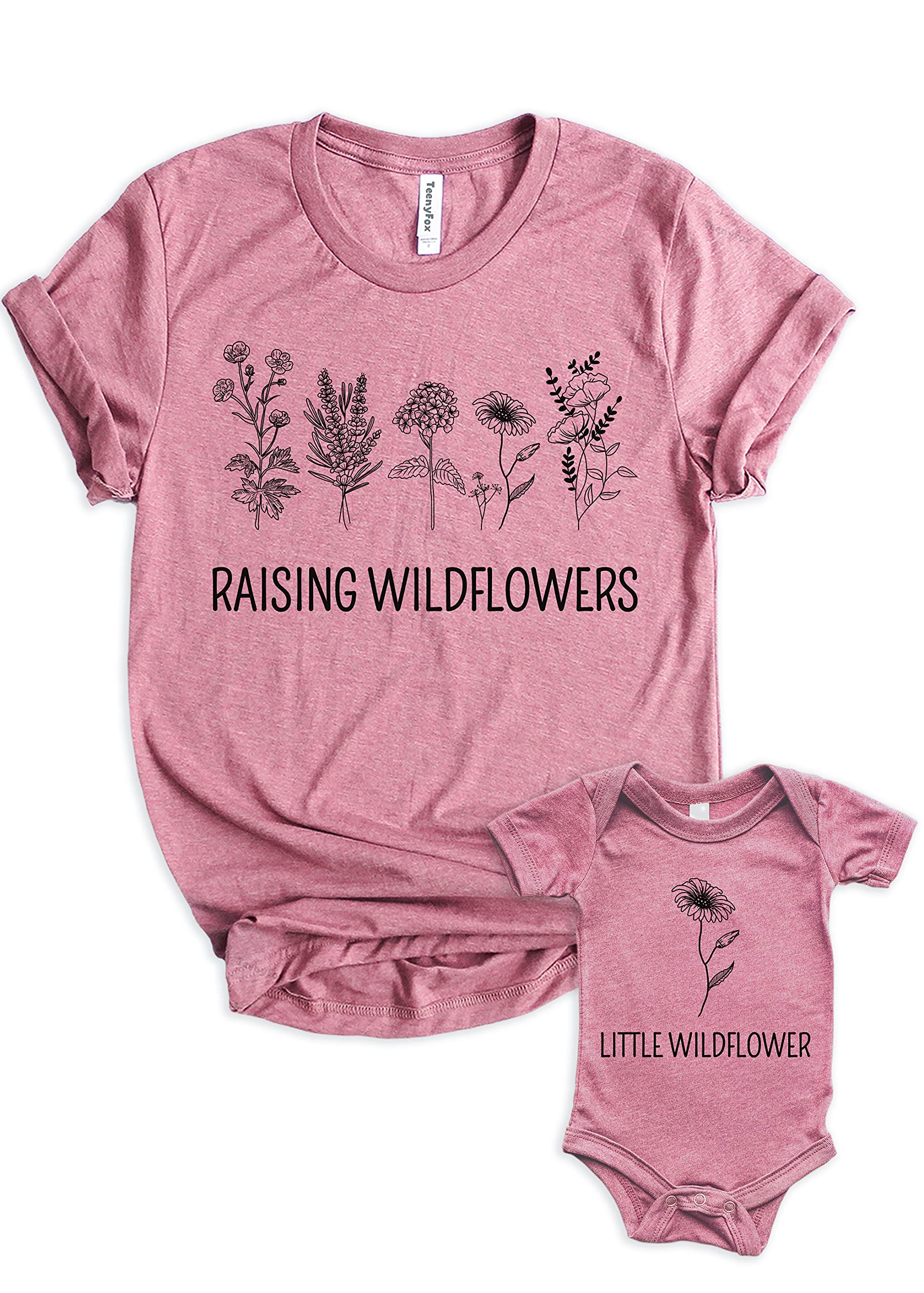 Teeny Fox Raising Wildflowers Little Sunflower Mother Daughter Matching Outfits Mom and Me Cute Family Shirts