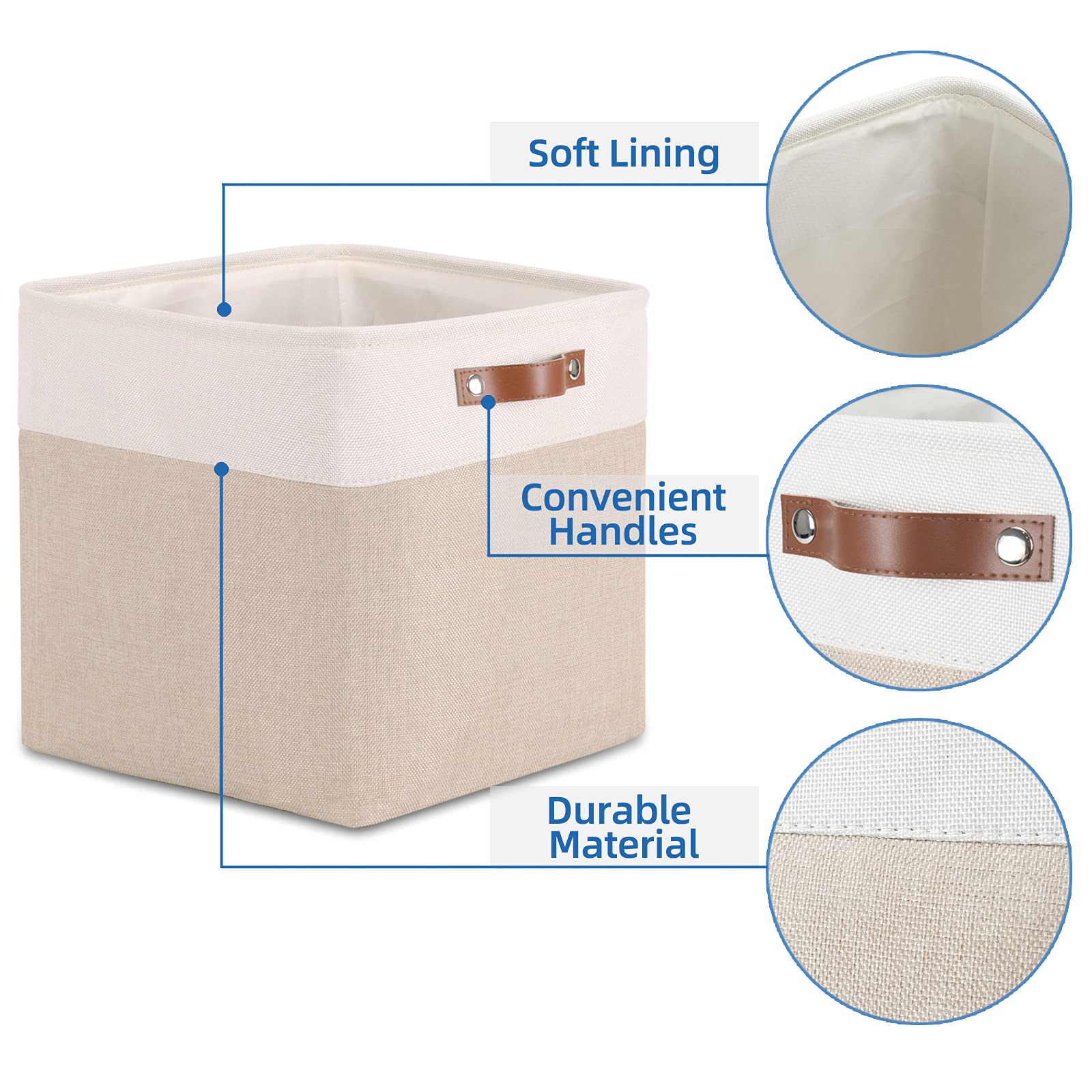 Temary Cube Storage Bins 13x13 Fabric Storage Cubes Baskets Set Of 4 Cloth Baskets for Shelf, Large Basket Empty Baskets for Organizing, Baskets Cube Basket for Storage (White&Khaki)