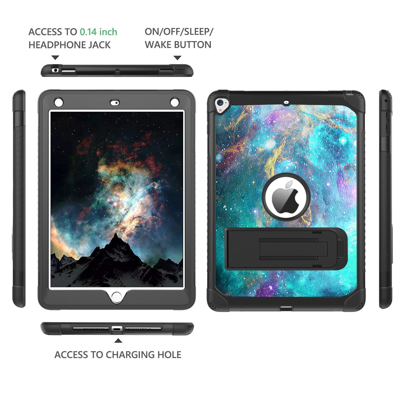 BENTOBEN Glow in The Dark Tablet Cover - 3 in 1 Shockproof Kickstand Protective Case for iPad Air 2, 6th/5th Gen, 9.7" 2018/2017, iPad Pro 9.7 - Nebula