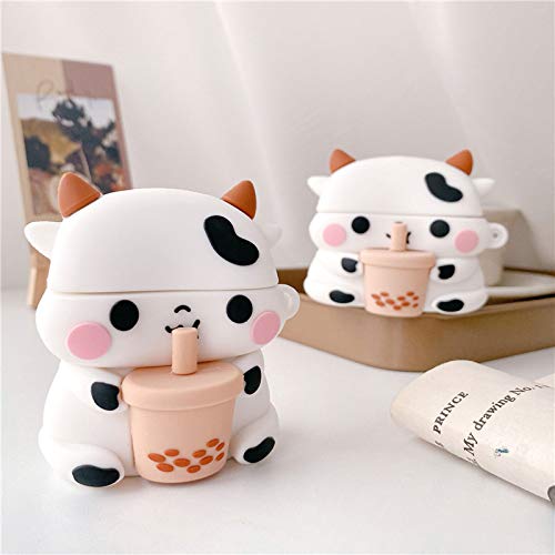 TOU-BEGUIN Case Compatible with Airpods 1 & 2, Cute Milk Tea Cow Animals Design Soft Silicone Shockproof Wireless Earphone Skin Protectortector