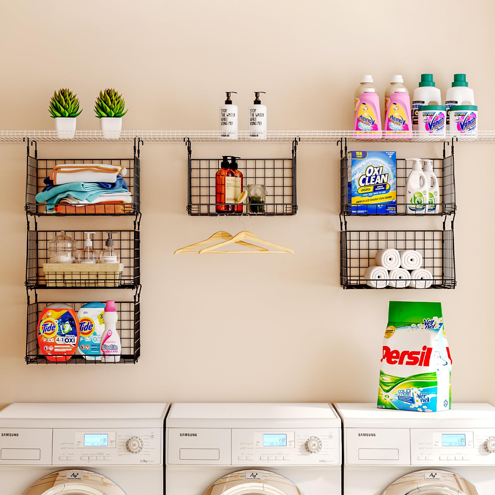 3-Pack Hanging Laundry Room Organizaton:Foldable Laundry Room Organizer Wire Shelf Basket with 360°Rotating Hooks Space Saving Over Washer and Dryer Shelves - Laundry Organization and Storage, Black