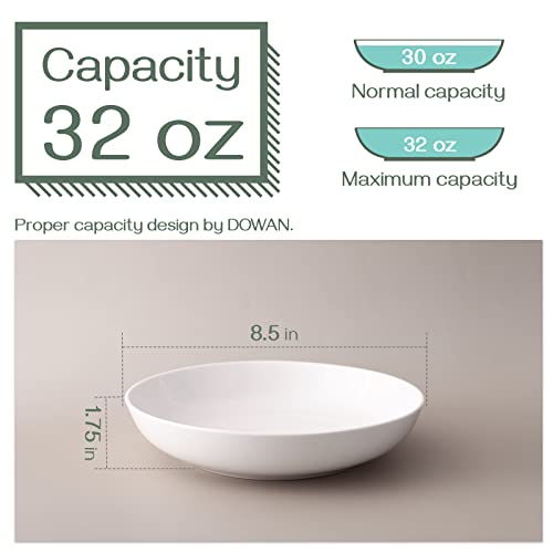 DOWAN Pasta Bowls 32oz, Large Salad Bowls, White Pasta Bowl Set of 6, Porcelain Fruit Bowl Plates, 8.5 inch Wide Shallow Plates, for Bread Meal Prep Bowls