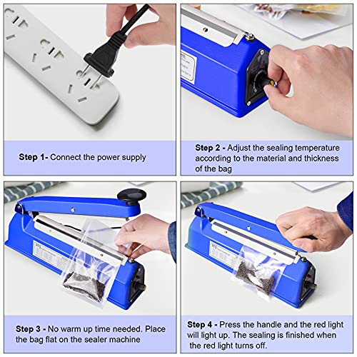 Suteck 8 inch Impulse Bag Sealer, Manual Poly Bag Sealing Machine w/Adjustable Timer Electric Heat Seal Closer with 50Pcs 4X6 Inch Shrink Wrap Bag and 2 Free Replacement Kit (Sapphire)